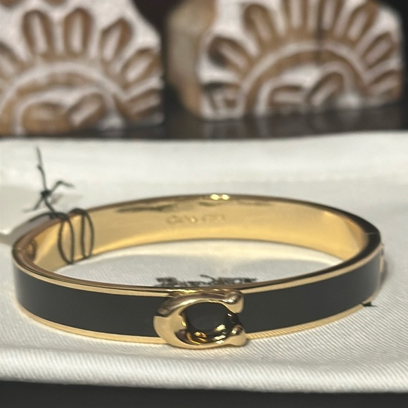 Coach | Jewelry | Coach Black And Gold Hinged Bangle | Poshmark